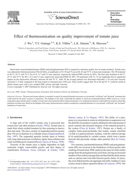 Pdf Effect Of Thermosonication On Quality Improvement Of Tomato Juice