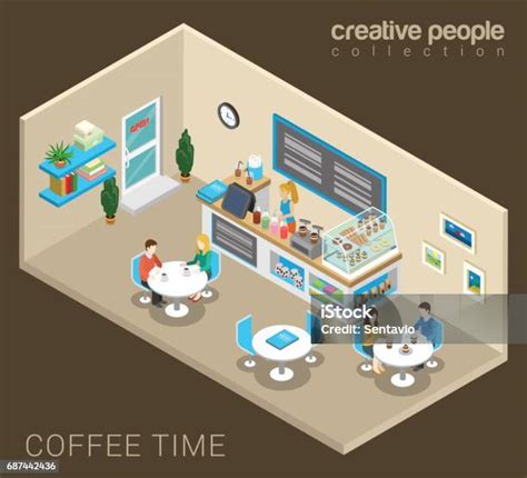 커피 타임 추상 카페 개념 평면 3d 웹 아이소메트릭 Infographic 벡터 마시는 커피 테이블에 앉아 한 쌍 크리에이 티브 사람들이 컬렉션입니다 등측투영법에 대한 스톡