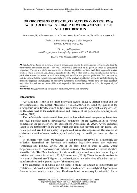 Pdf Prediction Of Particulate Matter Content Pm10 With Artificial