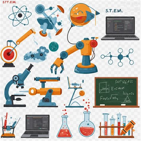 Stem Objects Including Microscopes Robots Beakers Laptops And An Atom Symbol On Craiyon