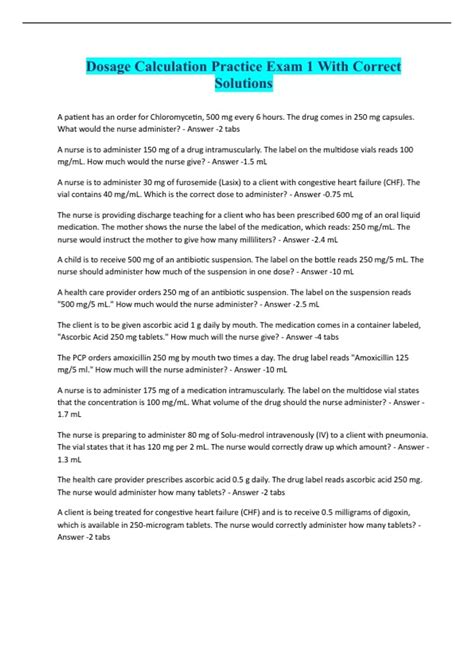 Dosage Calculation Practice Exam 1 With Correct Solutions 2024 Dosage