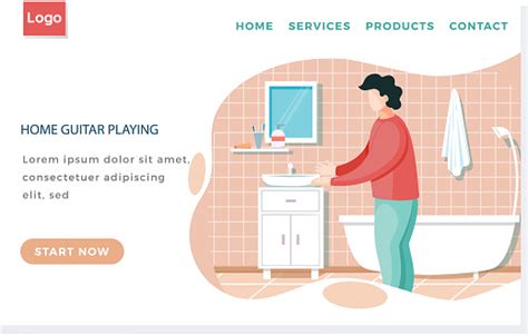 홈 기타 연주 랜딩 페이지 템플릿 캐주얼 한 옷을 입은 욕실에 서있는 남자와 함께 가정 생활에 대한 스톡 벡터 아트 및 기타 이미지 가정 생활 개수대 거울 Istock