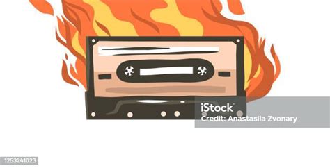 손으로 그린 벡터 추상 스톡 플랫 그래픽 일러스트와 불타는 복고풍 카테트 로터리 미디어 플레이어 에 고립 된 흰색 색상 배경 1980 1989 년에 대한 스톡 벡터 아트 및