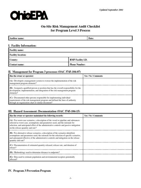 On Site Risk Management Audit Checklist For Program Level 3 Process
