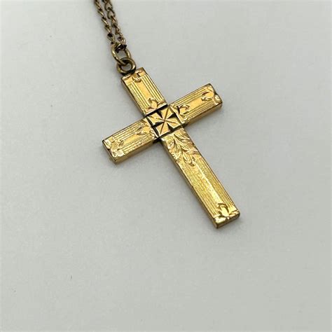 Vintage Art Deco Etched Gold Cross Necklace With Chain 1930s Thumbsless