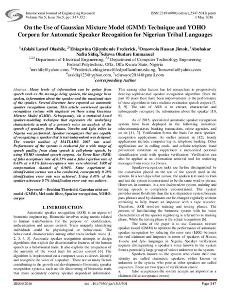 Pdf On The Use Of Gaussian Mixture Model Gmm Technique And Yoho Corpora For Automatic