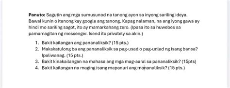 Panuto Sagutin Ang Mga Sumusunod Na Tanong StudyX