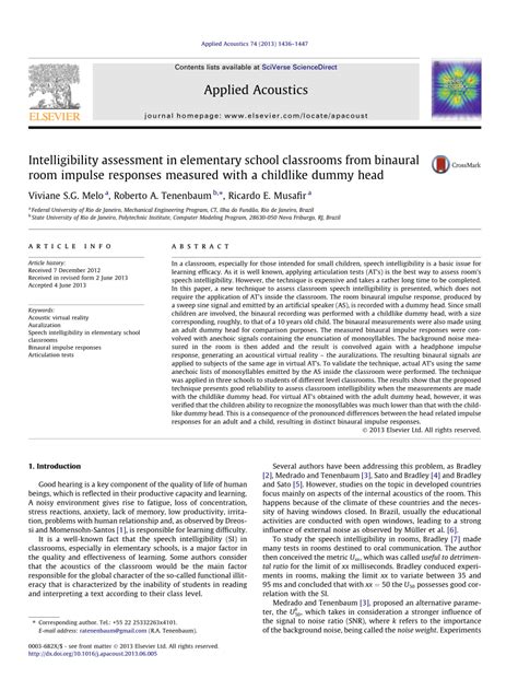 Pdf Intelligibility Assessment In Elementary School Classrooms From