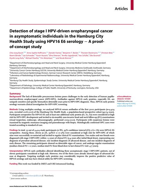 PDF Detection Of Stage I HPV Driven Oropharyngeal Cancer In Asymptomatic Individuals In The