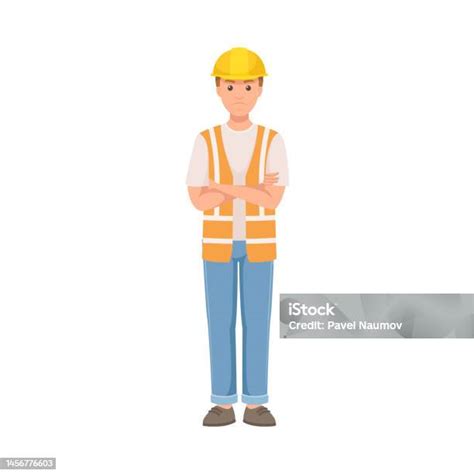 하드 모자를 쓴 남자 빌더 캐릭터와 팔짱을 끼고 슬픈 찡그린 얼굴 벡터 일러스트 레이 션으로 서 있는 경고 건설 현장에 대한 스톡 벡터 아트 및 기타 이미지 Istock