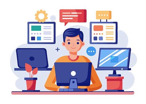 Programmer Working On Several Screens Vector Illustration Premium Ai