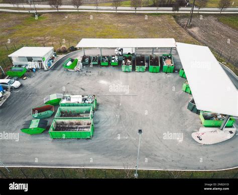 Aerial View Of A Small Recycling Center With Different Containers Stock