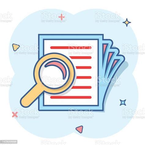 코믹 스타일의 조사 문서 계획 아이콘 리뷰 문 벡터 만화 일러스트 그림 그림 돋보기 루페 비즈니스 컨셉 스플래시 효과로 문서 거래 내역서에 대한 스톡 벡터 아트 및 기타
