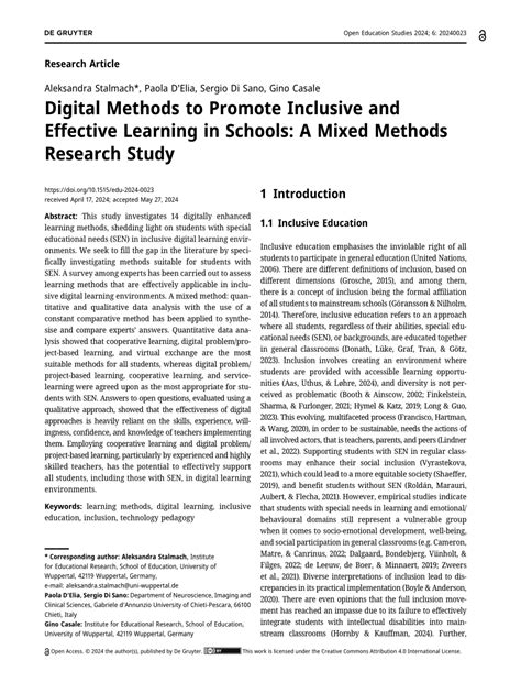 Pdf Digital Methods To Promote Inclusive And Effective Learning In Schools A Mixed Methods