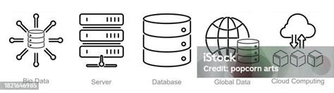 빅 데이터 서버 데이터베이스로 표시되는 5개의 데이터 분석 아이콘 세트 0명에 대한 스톡 벡터 아트 및 기타 이미지 0명