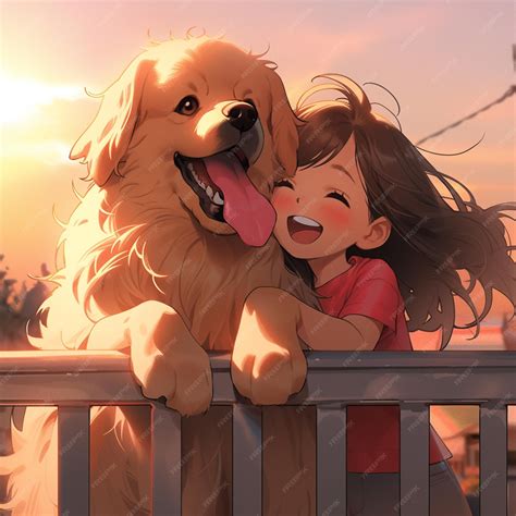 Premium Photo Anime Girl Hugging A Dog On A Fence With A Sunset In