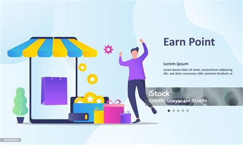 포인트 개념 로열티 프로그램을 적립하고 보상을 얻을 웹 방문 페이지 Ui 모바일 앱 배너 템플릿에 적합 벡터 일러스트레이션 가리키기에 대한 스톡 벡터 아트 및 기타 이미지