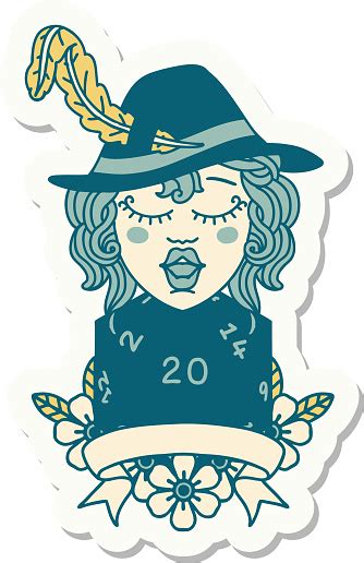 자연스러운 20 주사위 굴림을 가진 인간 음유 시인 캐릭터의 스티커 가수에 대한 스톡 벡터 아트 및 기타 이미지 가수