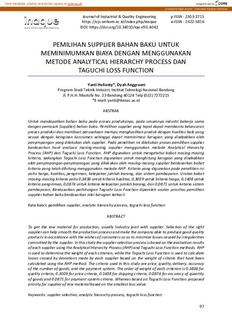 Pdf Pemilihan Supplier Bahan Baku Untuk Meminimumkan Biaya Dengan Menggunakan Metoda