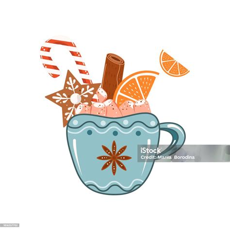 마시멜로 달콤한 민트 사탕 지팡이 귤 슬라이스 계피 스틱 고립 된 배경에 진저 브레드 스타와 크리스마스 코코아 컵 계피에 대한 스톡 벡터 아트 및 기타 이미지 Istock