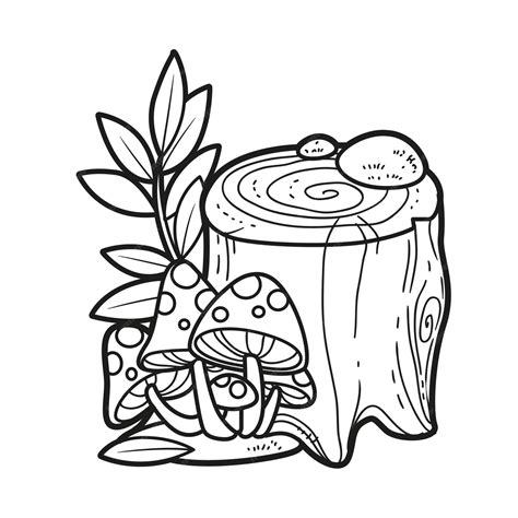 흰색 배경에 격리된 채색을 위한 플라이 아가릭 이끼와 나무 새싹 선형 드로잉이 있는 작은 그루터기 프리미엄 벡터