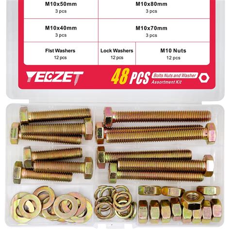 Yeezet 48pcs M10 Hex Head Screws 8 8 Grade Bolts And Nuts Flat And Lock