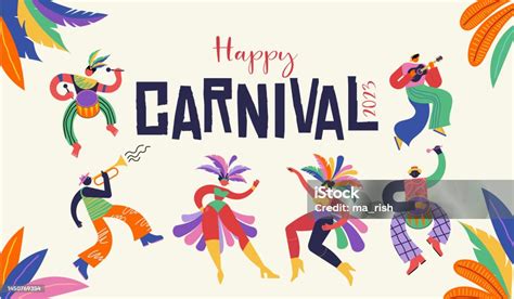 해피 카니발 브라질 남아메리카 삼바 댄서와 음악가와 함께하는 카니발 재미있는 뼈없는 예술가 댄서 음악가 및 광대와 함께 축제 및 서커스 이벤트 디자인 물보라와 색종이가 있는