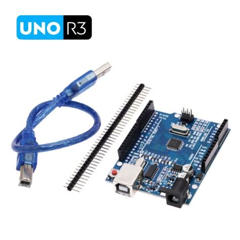 Placa Compatível Arduíno Uno R3 Cabo Usb E Barra De Pinos Kit
