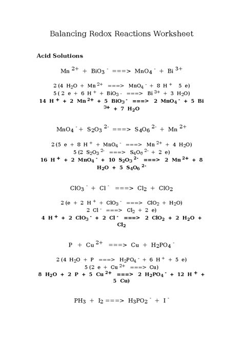 Balancing Redox Reactions Worksheets Ans Balancing Redox Reactions Worksheet Acid Solutions Mn