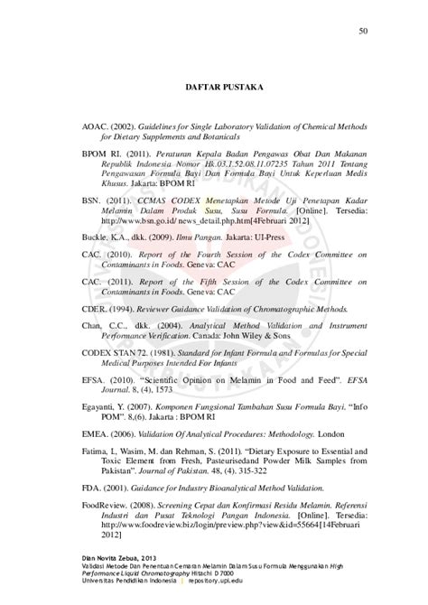 Pdf Validasi Metode Dan Penentuan Cemaran Melamin Dalam Susu Formula Menggunakan High
