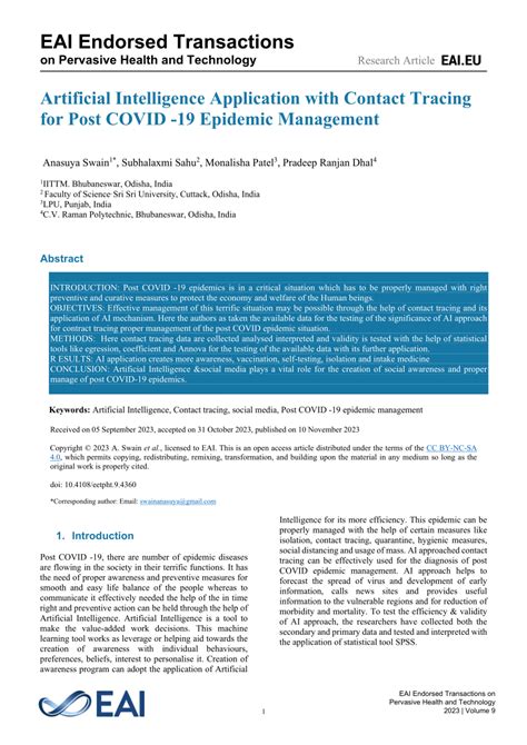 PDF Artificial Intelligence Application With Contact Tracing For Post COVID Epidemic