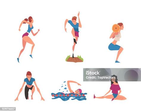 프로 운동선수들이 스포츠를 하고 있다 남성과 여성 캐릭터는 바벨을 들어 올리고 달리고 수영하고 만화 벡터 일러스트레이션을 한다 스포츠에 대한 스톡 벡터 아트 및 기타 이미지