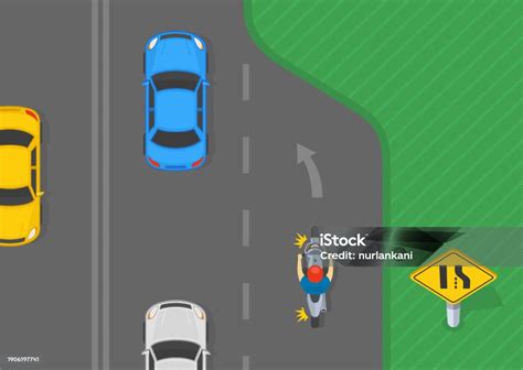 교통 규제 요령 및 규칙 미국 오른쪽 차선은 교통 표지판을 끝냅니다 오토바이 라이더의 평면도는 고속도로에서 왼쪽으로 합쳐지고 있습니다 벡터 일러스트 레이 션 템플릿 가까이