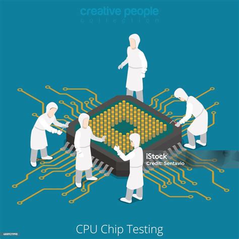 Cpu 칩 소켓 수리 서비스를 테스트입니다 군인 검 진 납땜 컴퓨터 구성 요소입니다 3d 아이소메트리 아이소메트릭 스타일 웹 사이트 응용 프로그램 아이콘 설정된 개념 벡터