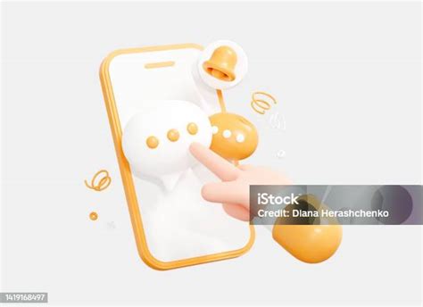 연설 거품과 손 손가락이 메시지를 누르는 3d 휴대 전화 소셜 네트워크에서 채팅 벨 알림 개념 흰색 배경에 고립 된 만화 창조적 인 디자인 아이콘 3d 렌더링 3차원 형태에
