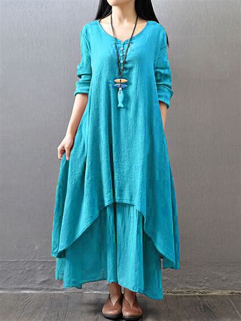 Plus Size Crew Neck Women Dress Asymmetrical Daytime Solid Linen Maxi Dress
