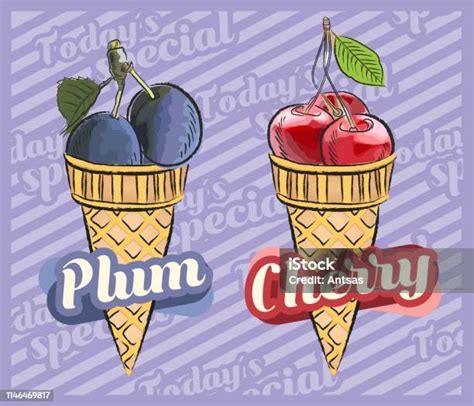 체리 아이스크림 매 실 아이스크림 벡터 일러스트 레이 션의 과일 아이스크림 콘 손으로 그린 디자인 건강에 좋지 않은 음식에 대한