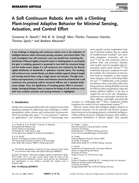 Pdf A Soft Continuum Robotic Arm With A Climbing Plant‐inspired Adaptive Behavior For Minimal