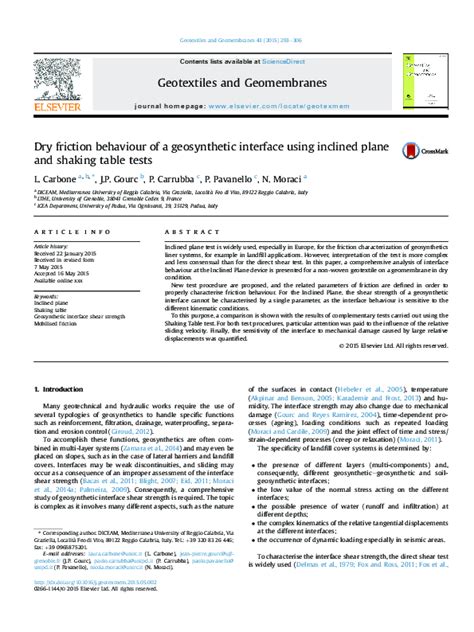 Pdf Dry Friction Behaviour Of A Geosynthetic Interface Using Inclined Plane And Shaking Table