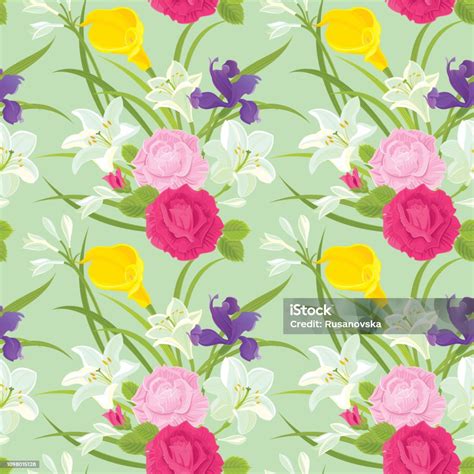 핑크 장미 아이리스 흰 백합 및 노란색 칼라 릴리 꽃의 완벽 한 패턴입니다 개화기에 대한 스톡 벡터 아트 및 기타 이미지 개화기 공휴일 꽃 나무 Istock