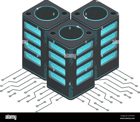 Three Server Units Are Processing Data Illuminated By Glowing Blue