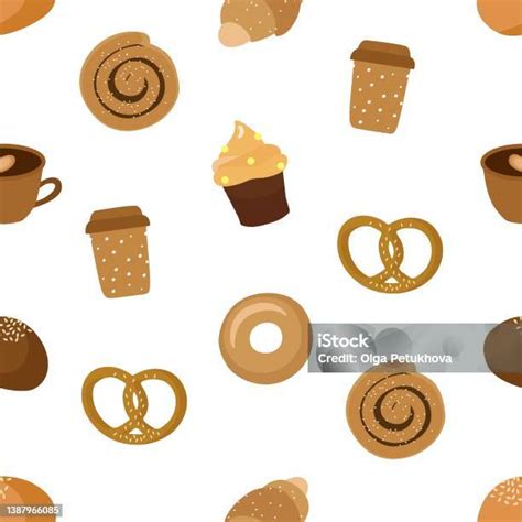 매끄러운 패턴 베이커리 제품 패스트리 빵 및 과자 빵 바게트 덩어리 크루아상 카페 프레첼 배너 포스터 직물에 인쇄하기위한 템플릿