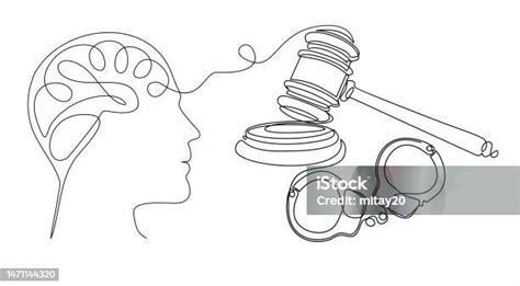 정의에 대해 생각하는 인간의 머리와 뇌의 지속적인 양식화 된 현대 그림 공정한 결정 정의를위한 시간 흰색 배경에 평면 벡터 선형