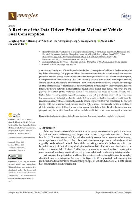 PDF A Review Of The Data Driven Prediction Method Of Vehicle Fuel Consumption