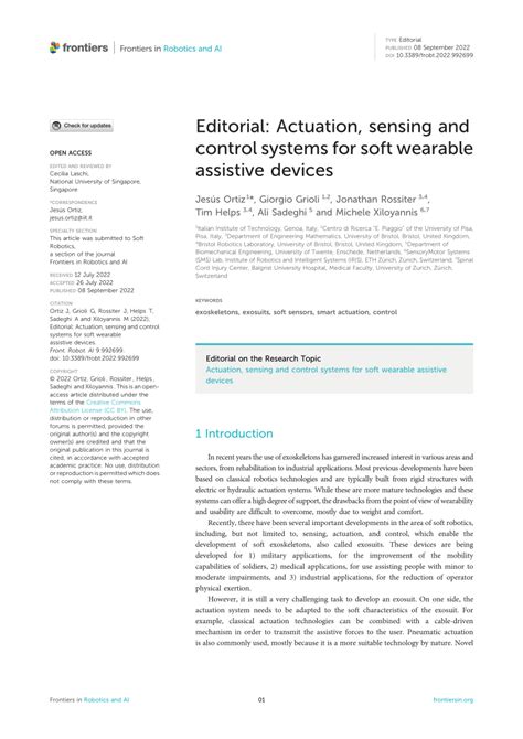 Pdf Editorial Actuation Sensing And Control Systems For Soft Wearable Assistive Devices