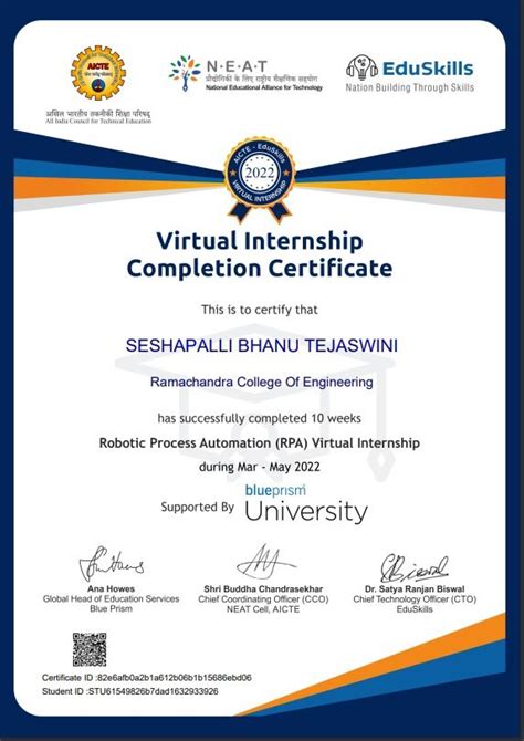 Finished Rpa Internship At Blue Prism University Bhanu Tejaswini