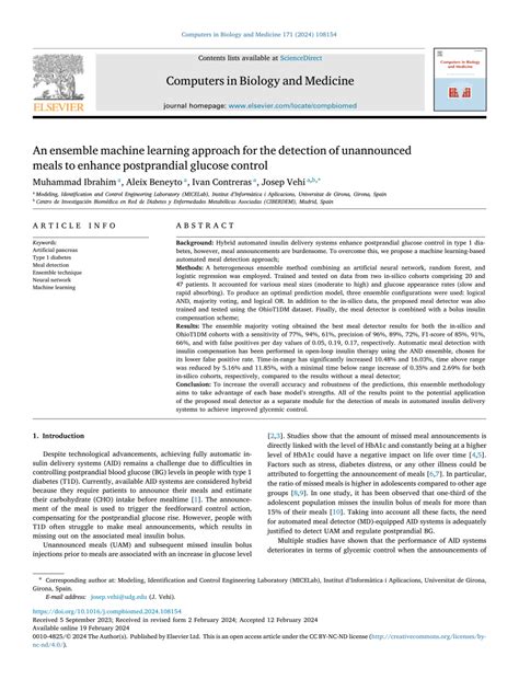 Pdf An Ensemble Machine Learning Approach For The Detection Of Unannounced Meals To Enhance