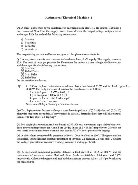 Assignment Questions Electrical Machine 1 2024 Pdf Transformer