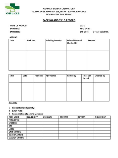 Batch Packing Record Pdf