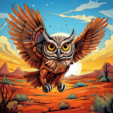Premium Ai Image Colorful Owl Illustrations With Dynamic Line Work In Desert Setting